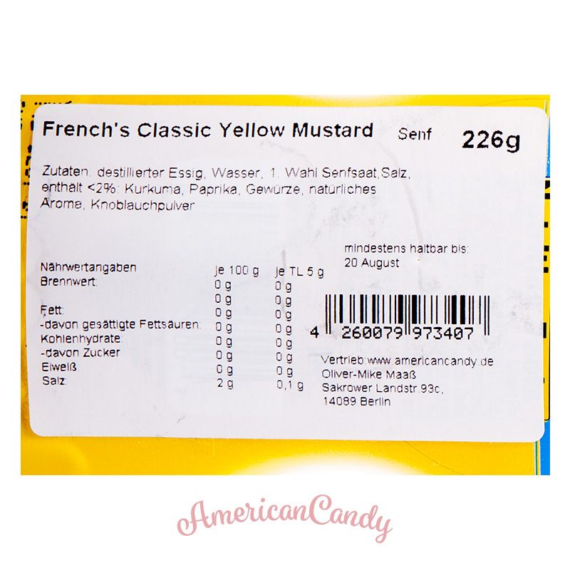 French's Classic Yellow Mustard 226g | Americancandy Onlineshop
